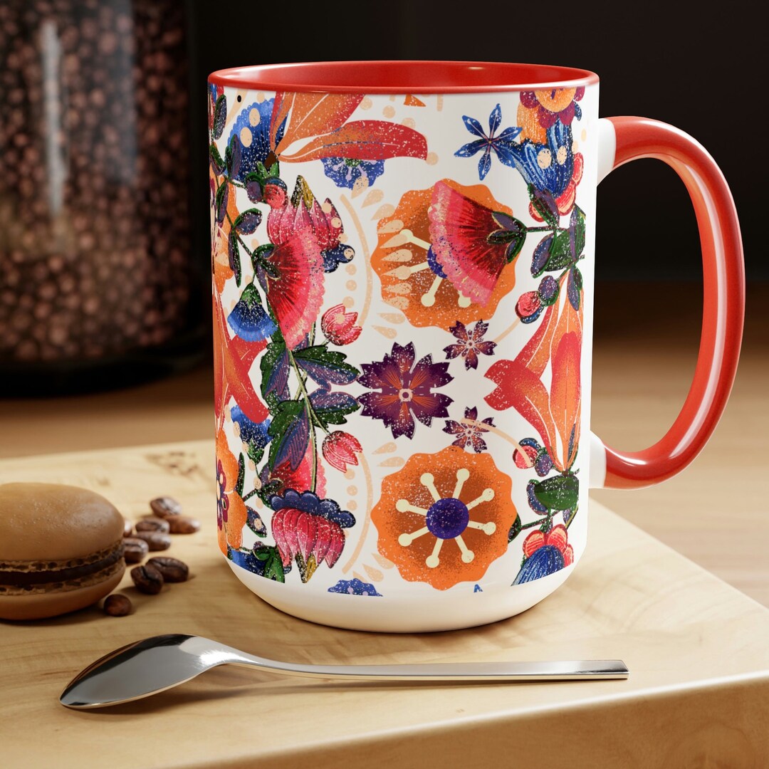 Spanish Folk Art Floral Coffee Mugs/15 Oz Ceramic Mexican Printed Tea ...