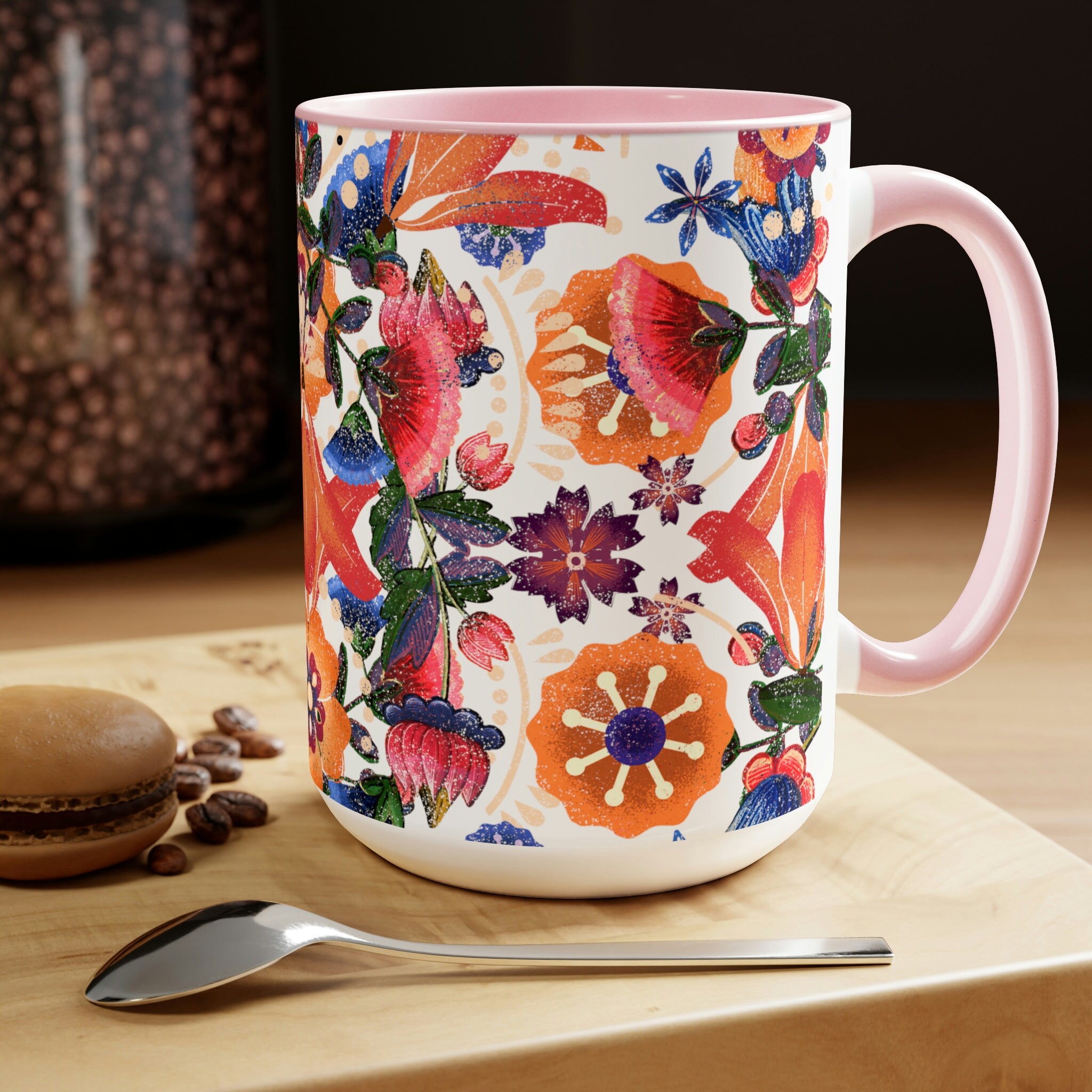 Spanish Folk Art Floral Coffee Mugs/15 Oz Ceramic Mexican Printed Tea ...