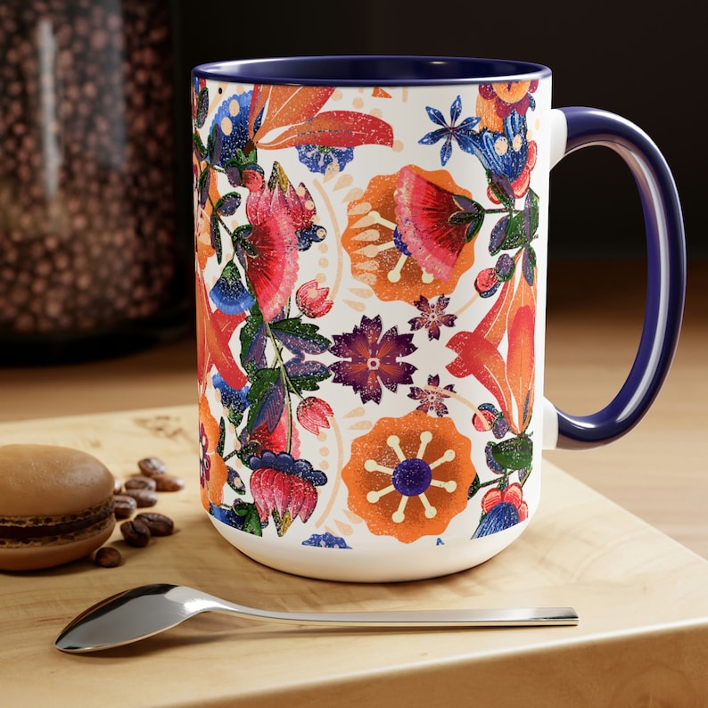 Spanish Folk Art Floral Coffee Mugs/15 Oz Ceramic Mexican Printed Tea ...
