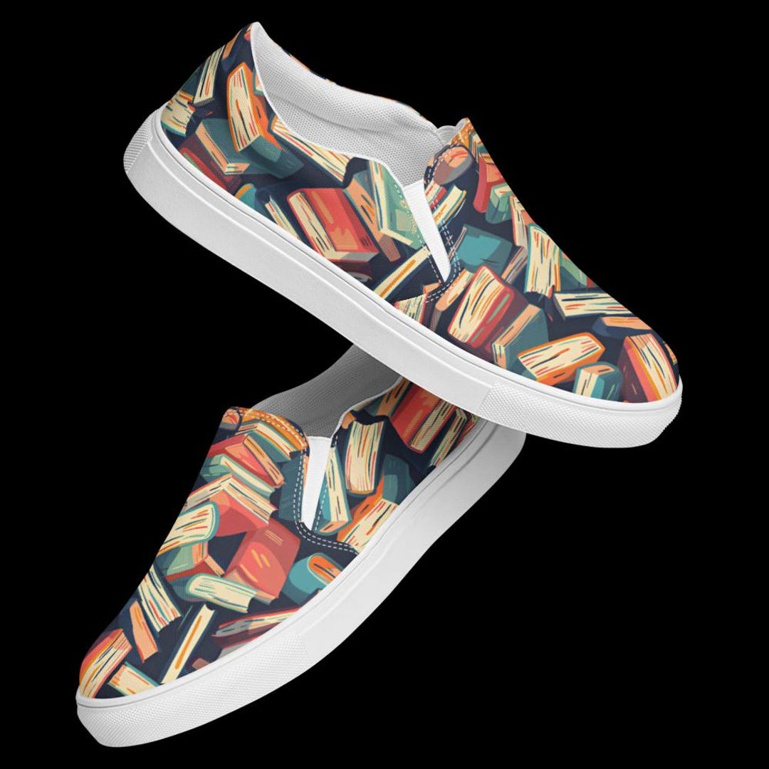 Pile of Books Bookish Slip on Shoes for Reader Sneaker Canvas Colorful Design Slip-on Sneakers ...