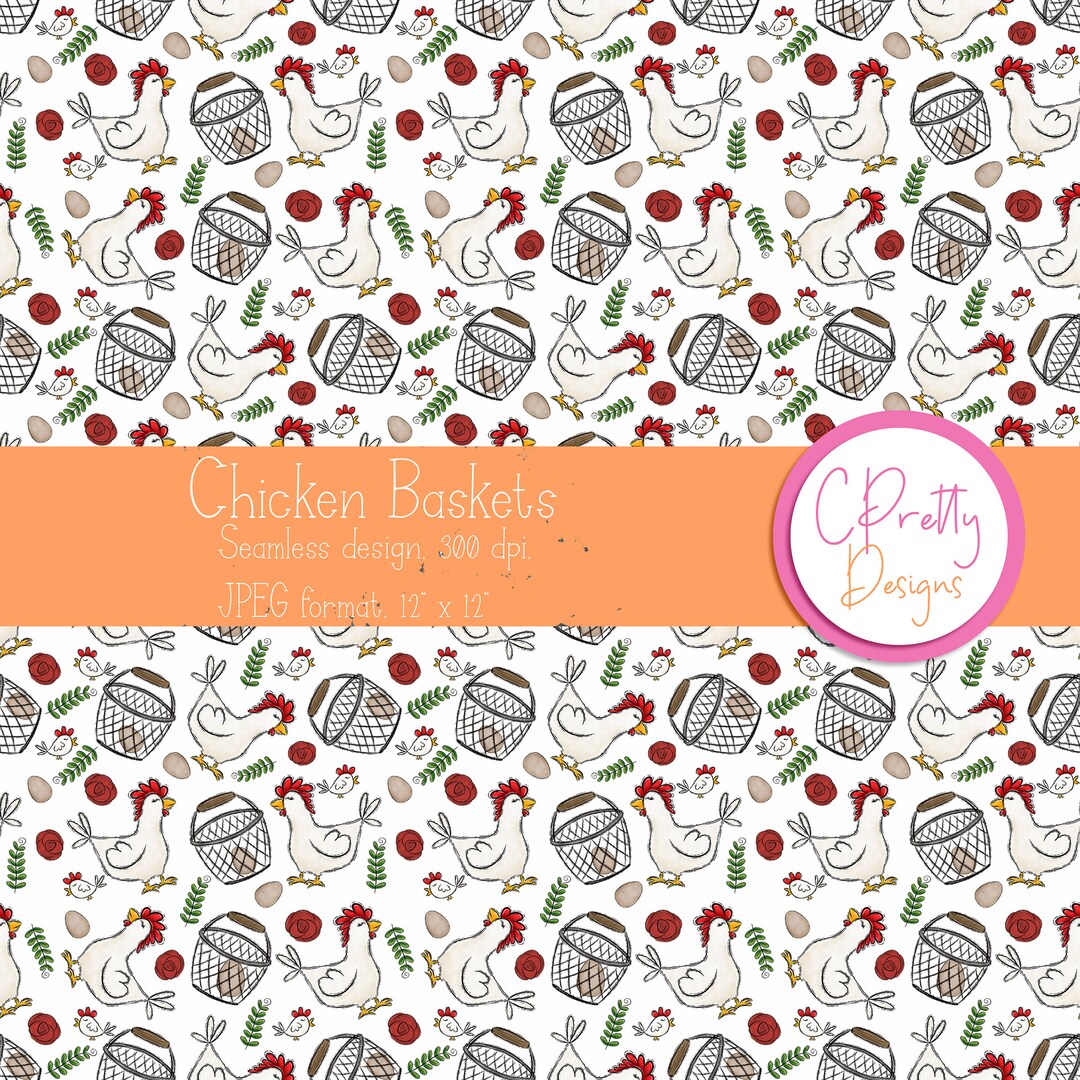 Chicken Baskets on White Seamless Pattern Digital Design, Digital Paper ...