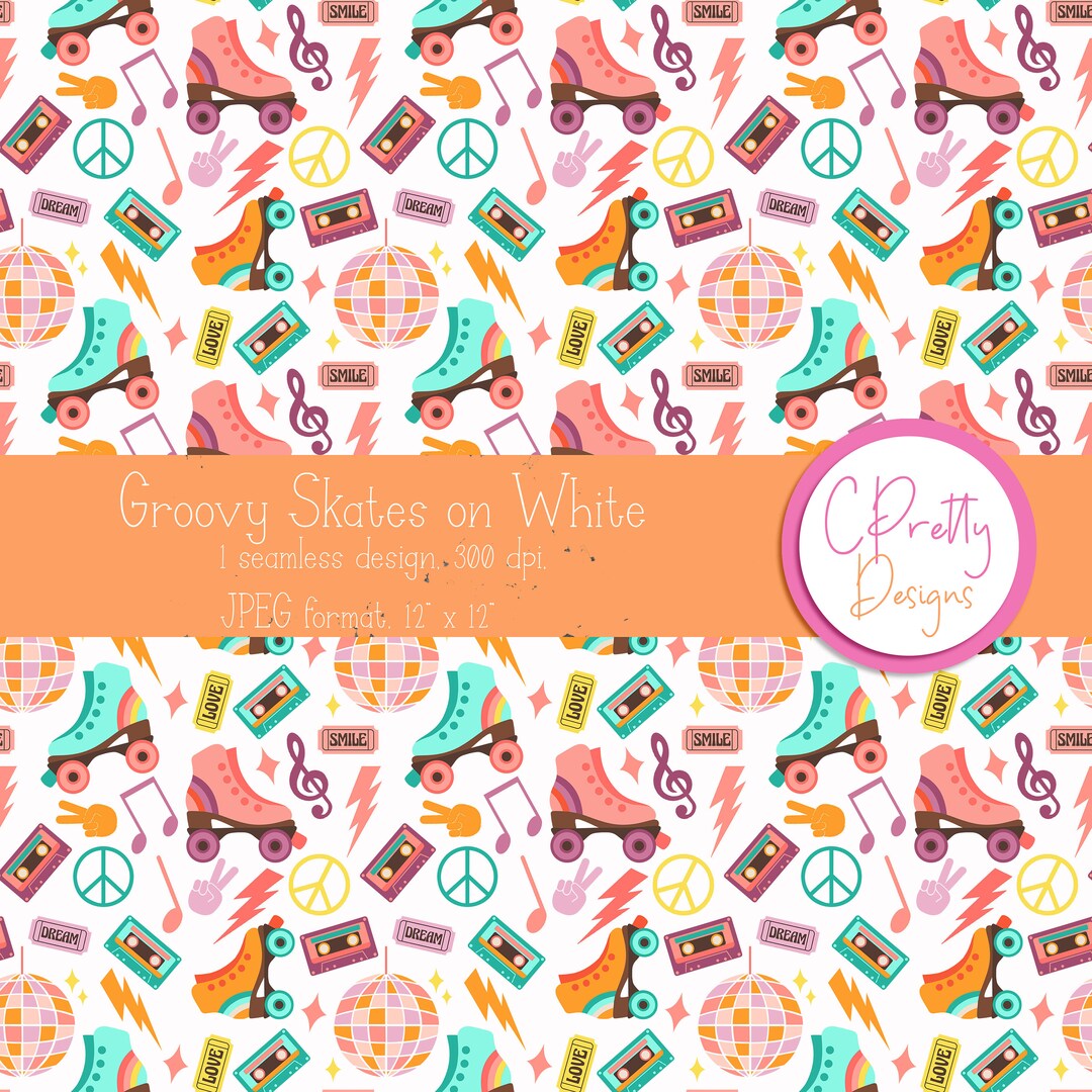 Groovy Skates on White Seamless Pattern Digital Design, Digital Paper ...