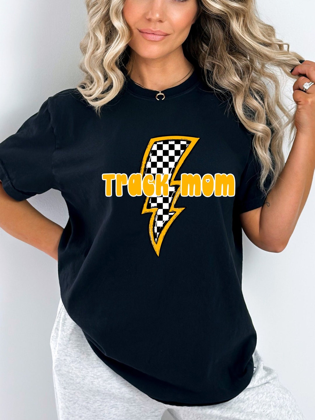 Black and Yellow Checkered Flag Lightning Bolt Track Mom Red ...