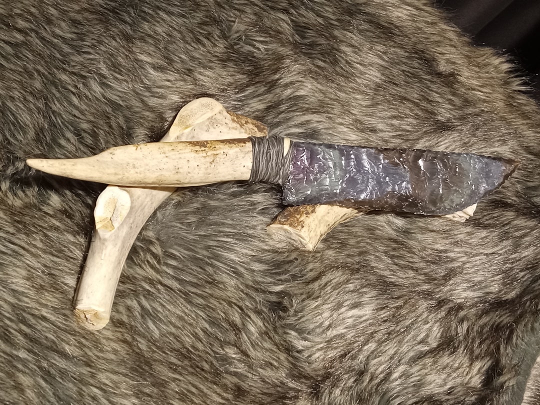 Knapped Rainbow Obsidian Recurve Knife Blade Hafted Into Deer Antler ...