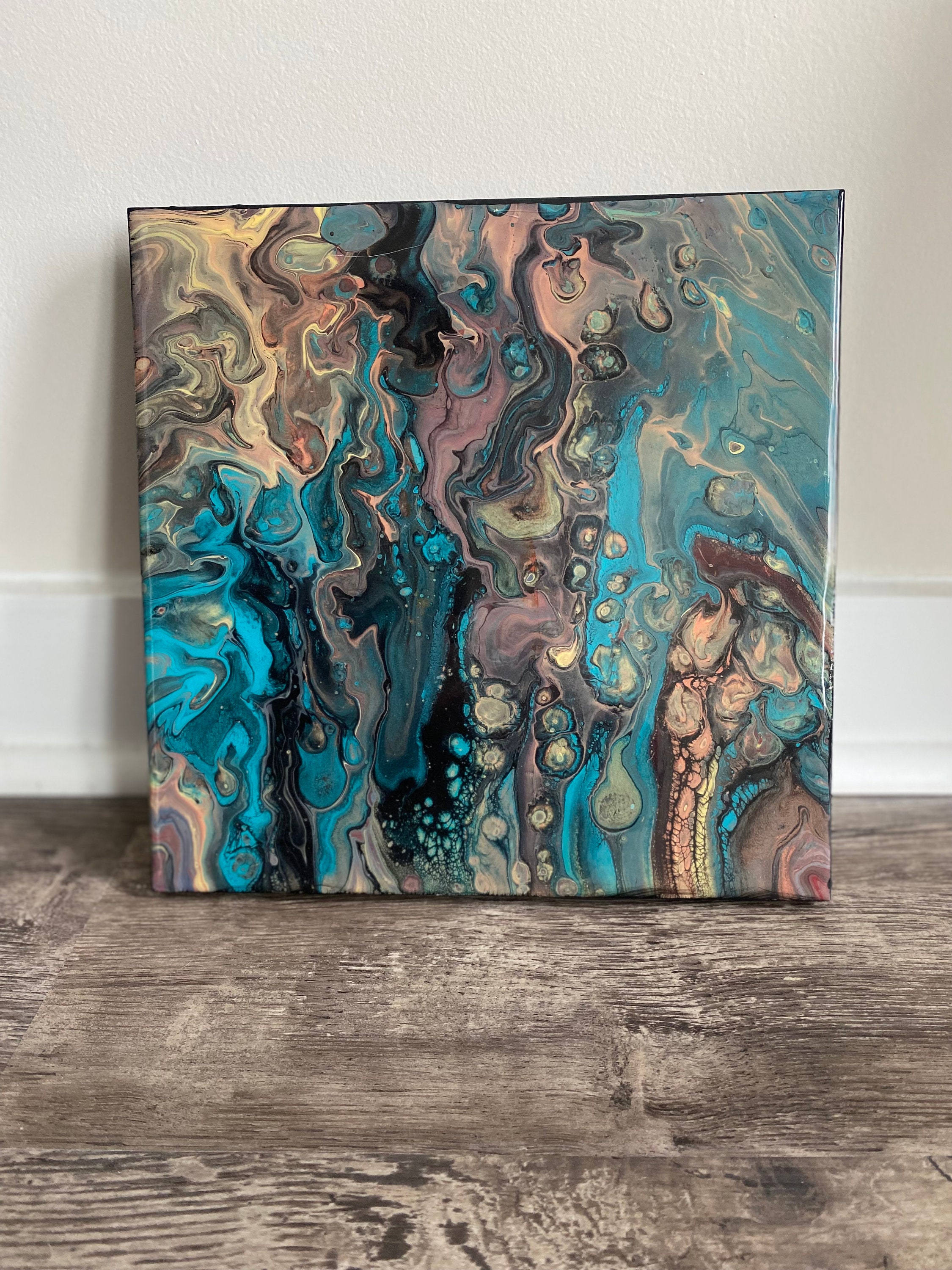 Firestone - Original Abstract Acrylic Pour Painting on 10x10 Inch Wood ...