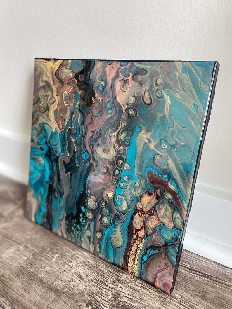 Firestone - Original Abstract Acrylic Pour Painting on 10x10 Inch Wood ...