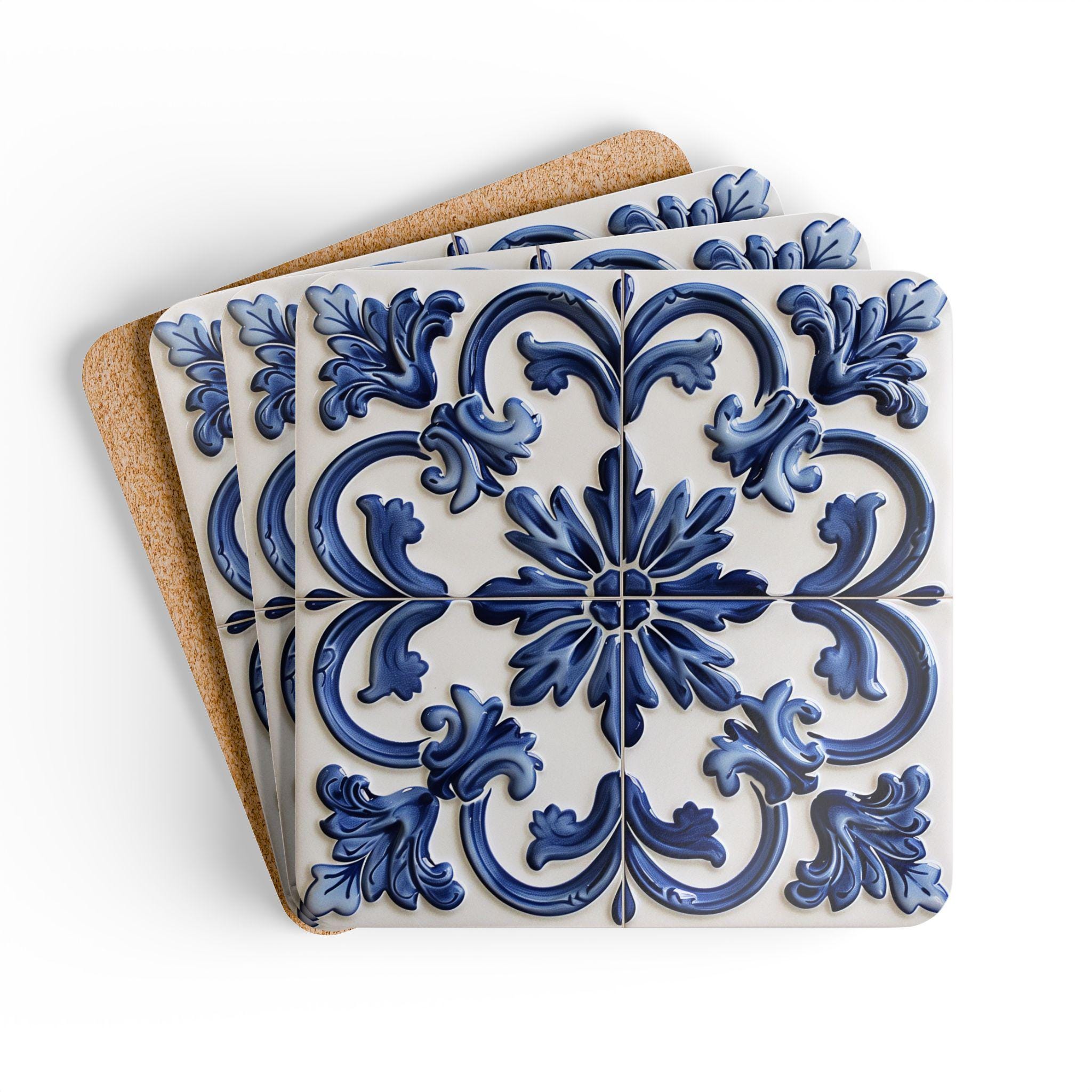 Azulejo Coaster Porcelain Tile Mediterranean Corkwood Coaster Set ...