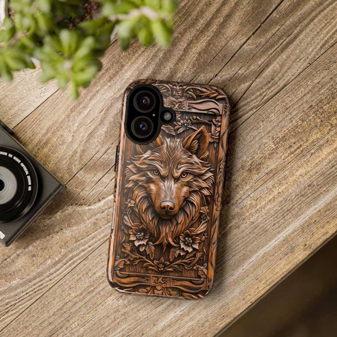 Animal Phone Case | Wolf Carved Wood Effect Tough Case Design for ...