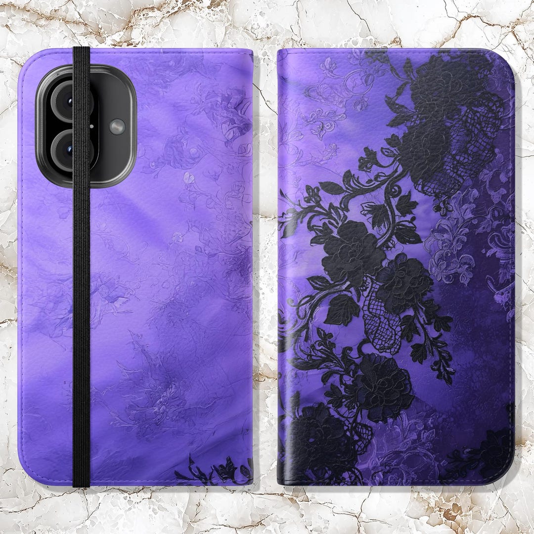 Goth Phone Wallet | Gothcore Purple Silk Black Lace Faux Leather Flip ...
