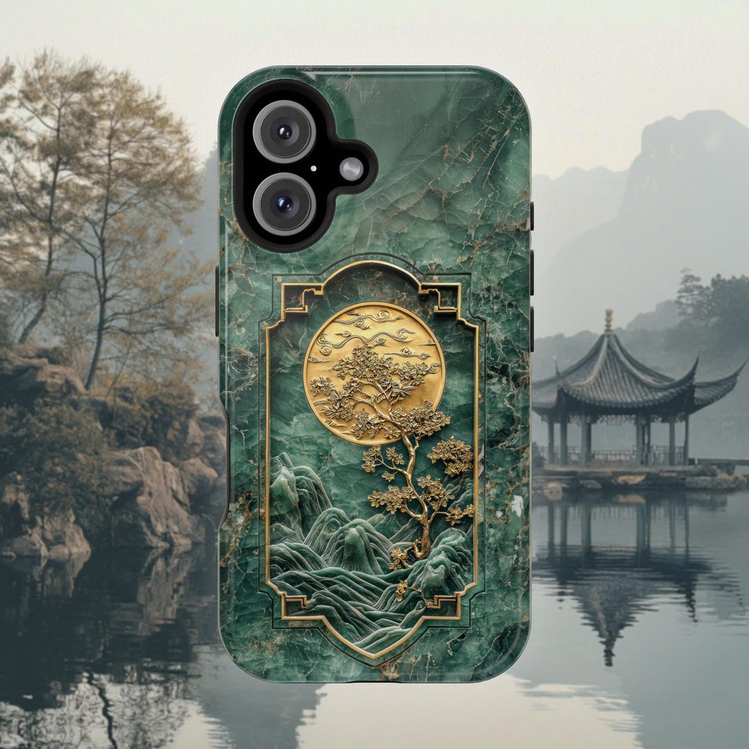 Asian Jade Magsafe iPhone Tough Case | Golden Tree and Moon Inlay ...