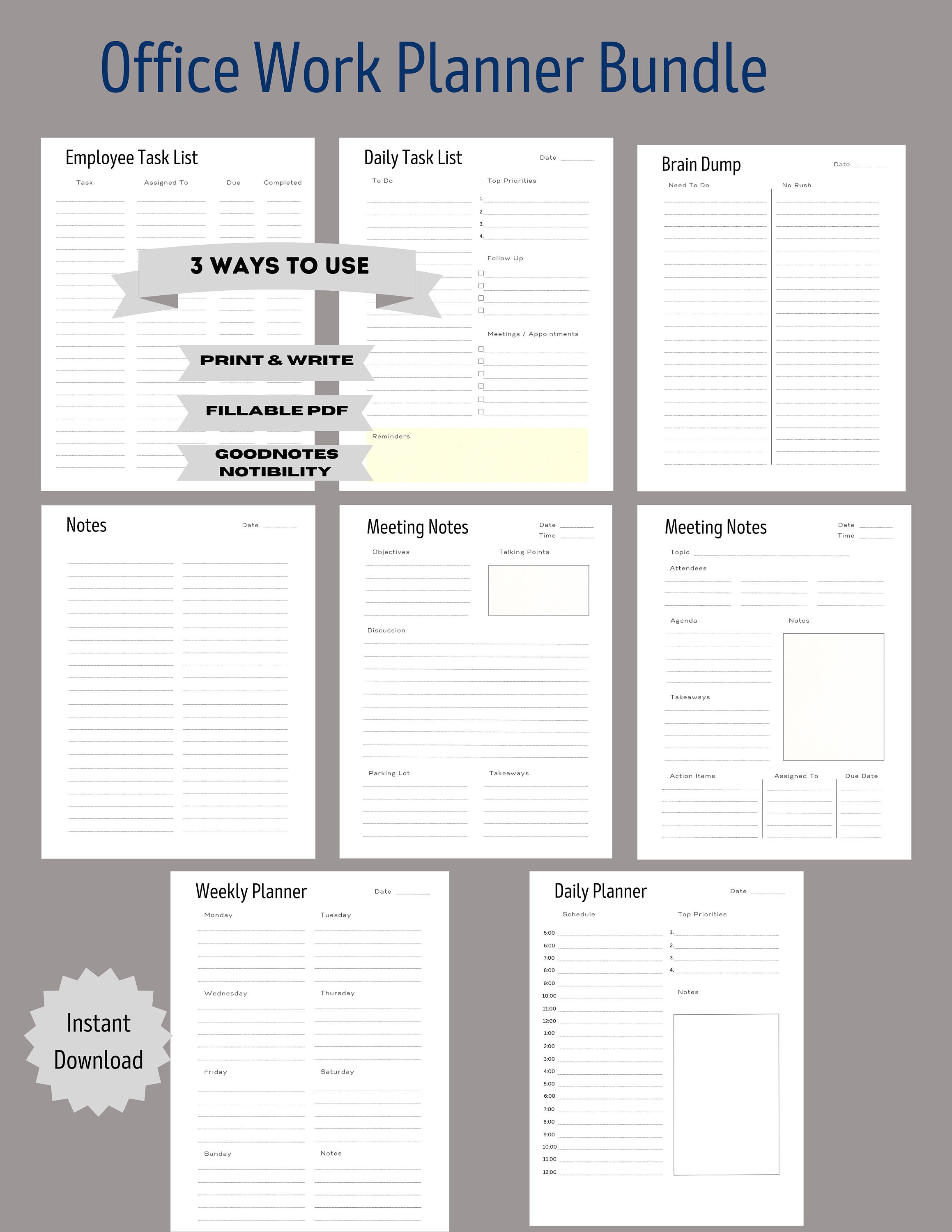 Printable Office Task Planner Bundle, Office Organizer, Fillable PDF ...