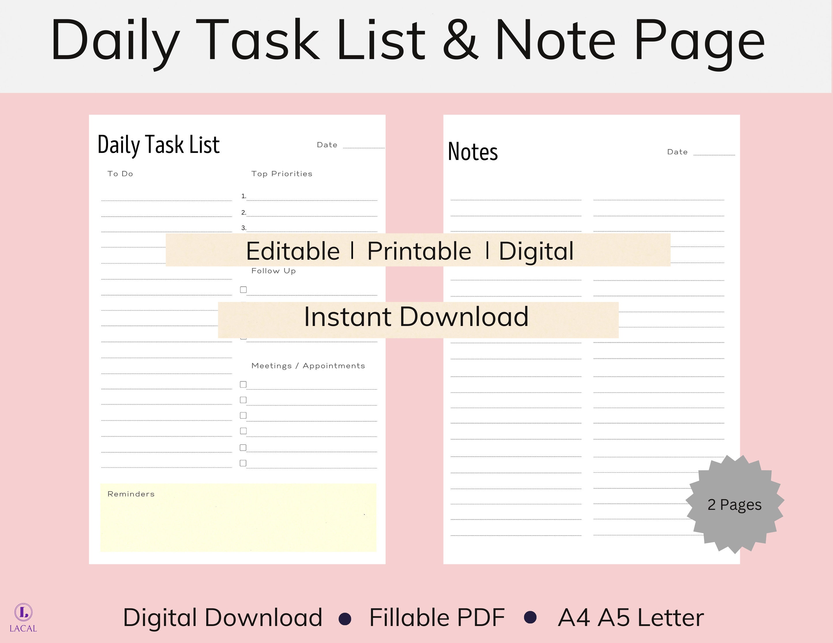 Daily Task List, Notes Page, Printable Planner, Editable to Do List ...