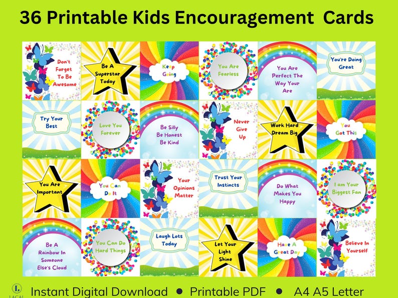 Encouragement Cards Kids, Printable Kids Lunchbox Note Cards, Digital ...
