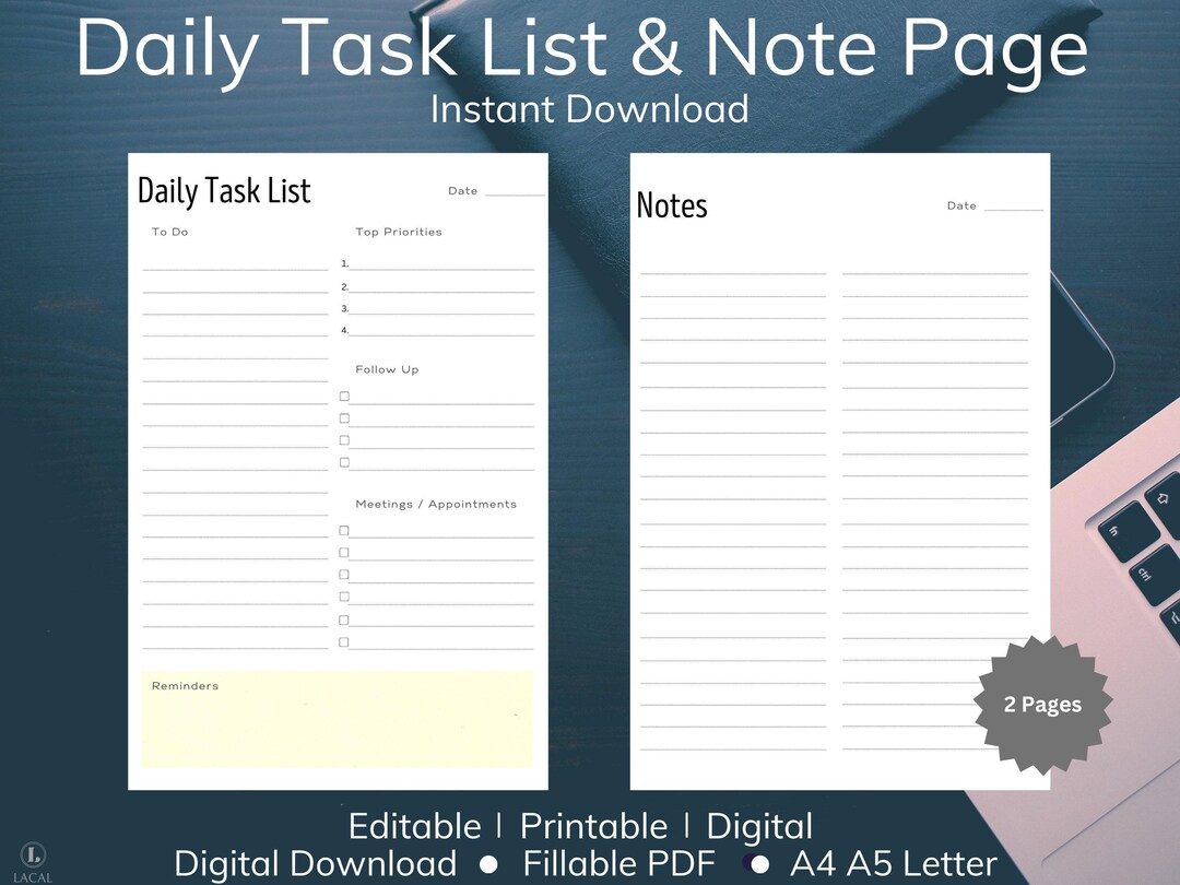 Daily Task List, Notes Page, Printable Planner, Editable to Do List ...