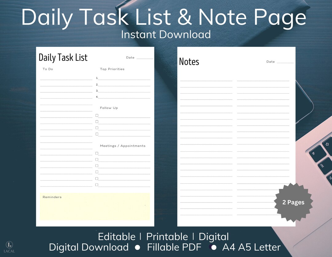 Daily Task List, Notes Page, Printable Planner, Editable to Do List ...