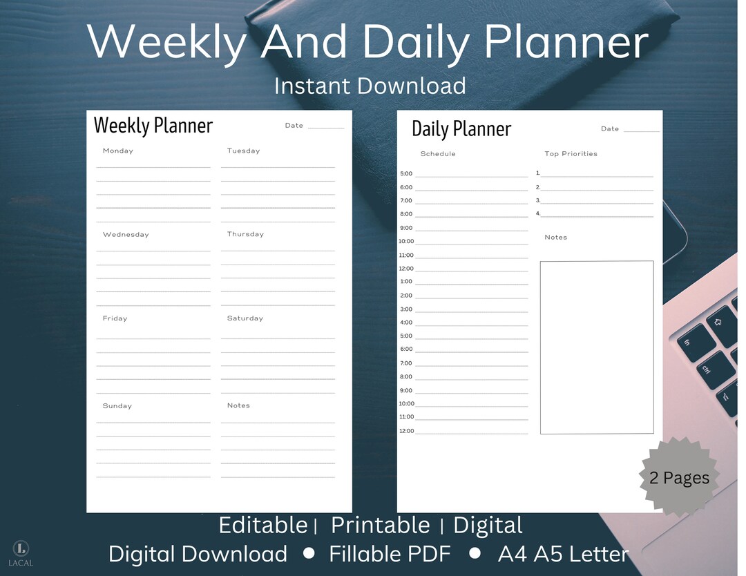 Printable Digital Fillable Daily Weekly Planner, Daily Schedule, Weekly ...