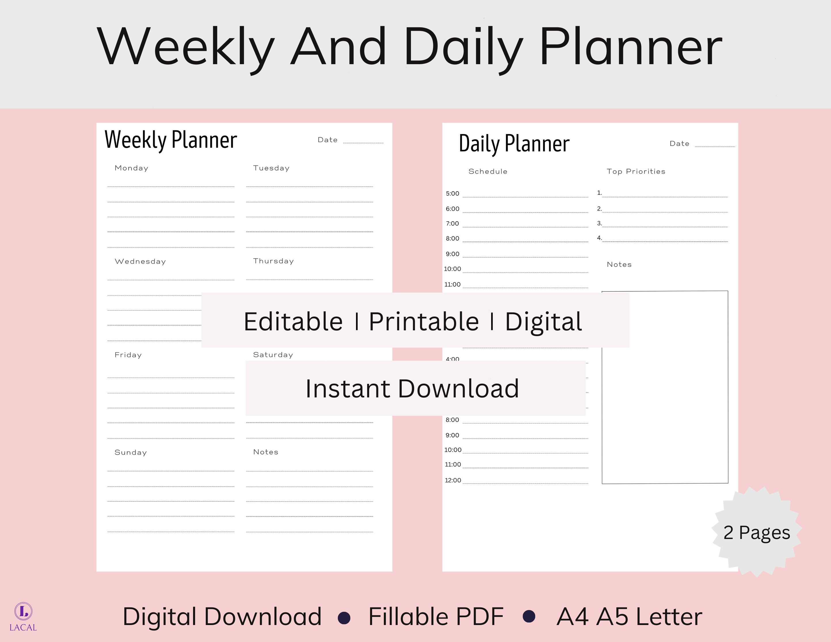 Printable Digital Fillable Daily Weekly Planner, Daily Schedule, Weekly ...