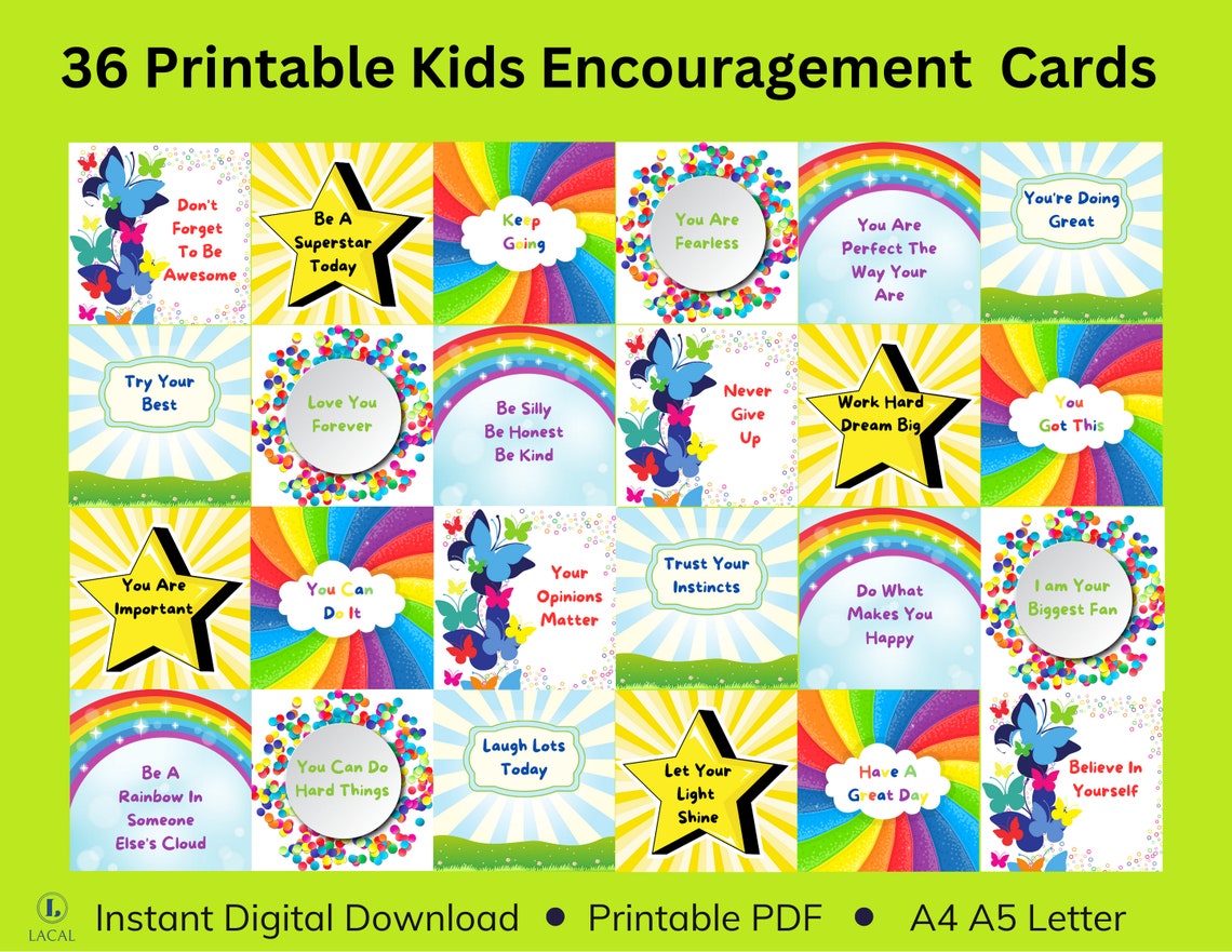 Encouragement Cards Kids, Printable Kids Lunchbox Note Cards, Digital ...