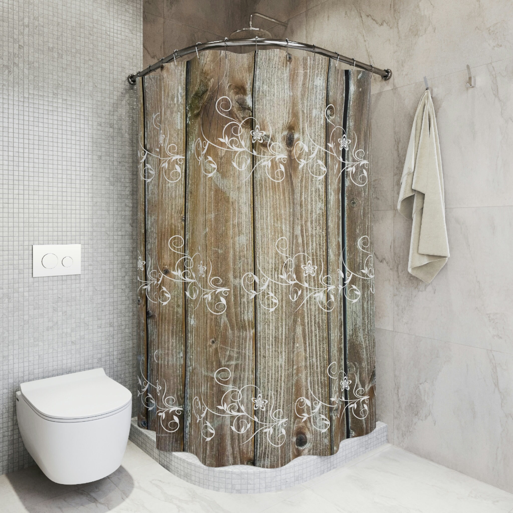 Wood Grain With White Design Shower Curtain | White Floral Shower ...