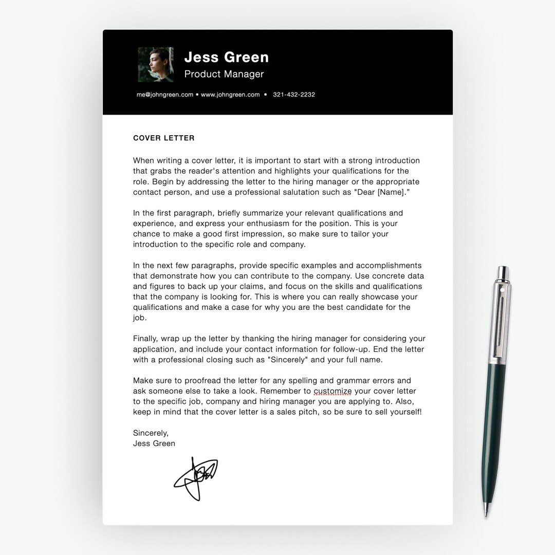 Minimal Cover Letter Template With a Photo, MS Word, Pages, Google Docs ...