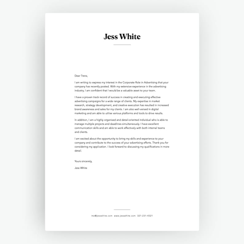 Minimalist, Modern Cover Letter Application Template, MS Word, Editable ...