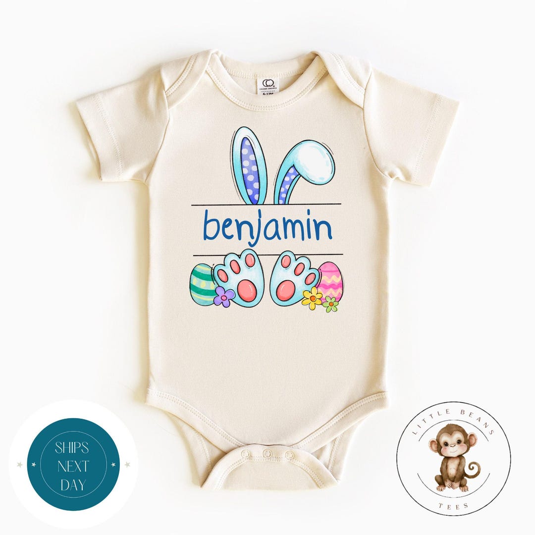 Bunny Ears Feet Blue Personalized Baby Onesie® | Split Bunny Name ...