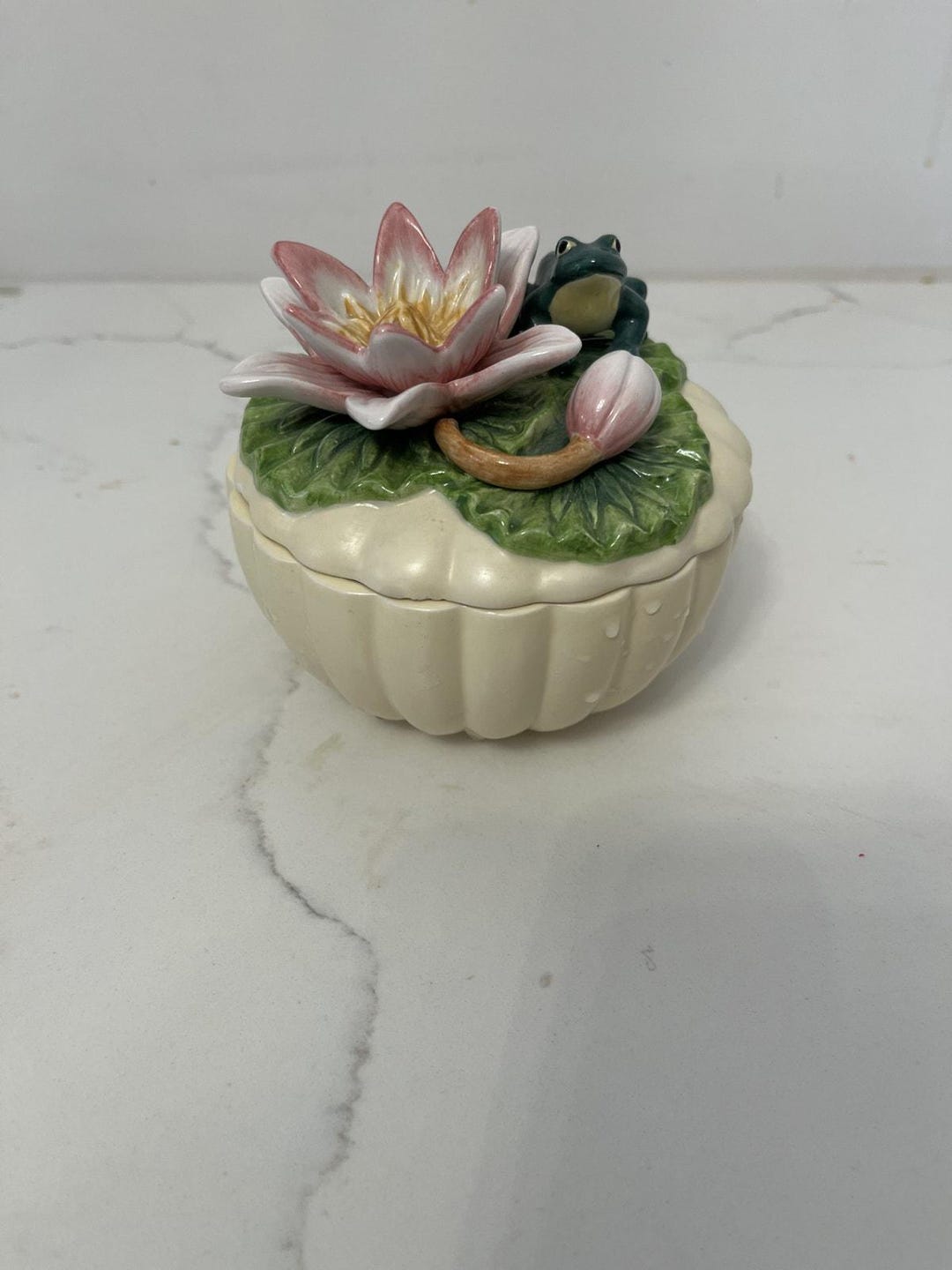 Fitz Floyd Vtg Lidded Ceramic Trinket Jewel Box Frog on Lily Pad Turtle ...
