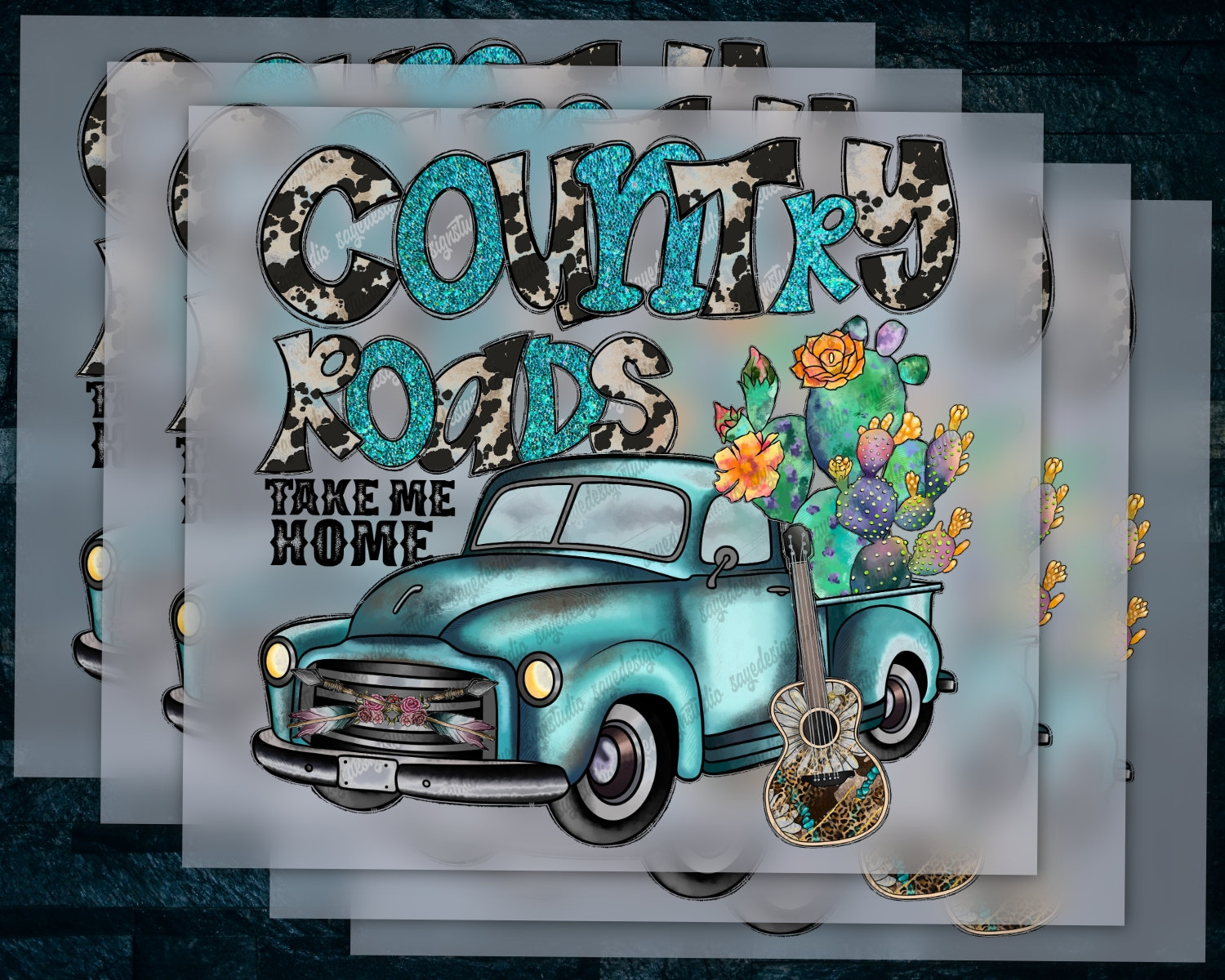 Country Welcome Home Design With Truck, Cactus, Guitar, Western Theme ...