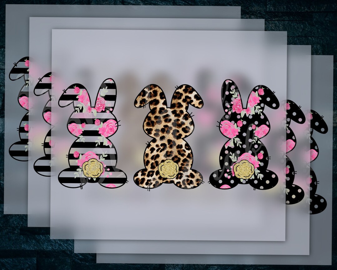 DTF Bunny Rabbit Trio Clip Art Design Dark Pink Floral, Leopard Cheetah ...