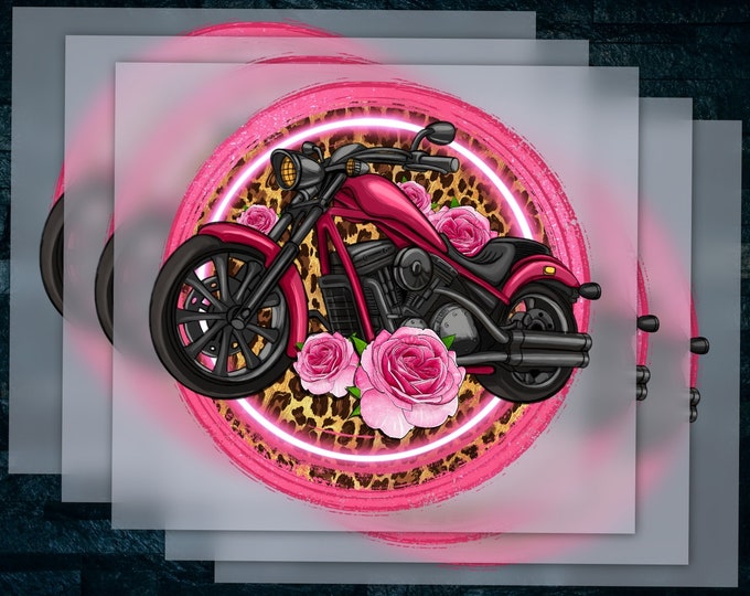 Hand-drawn Pink Rose Chopper Motorcycle DTF Transfer, Biker-ready Heat ...