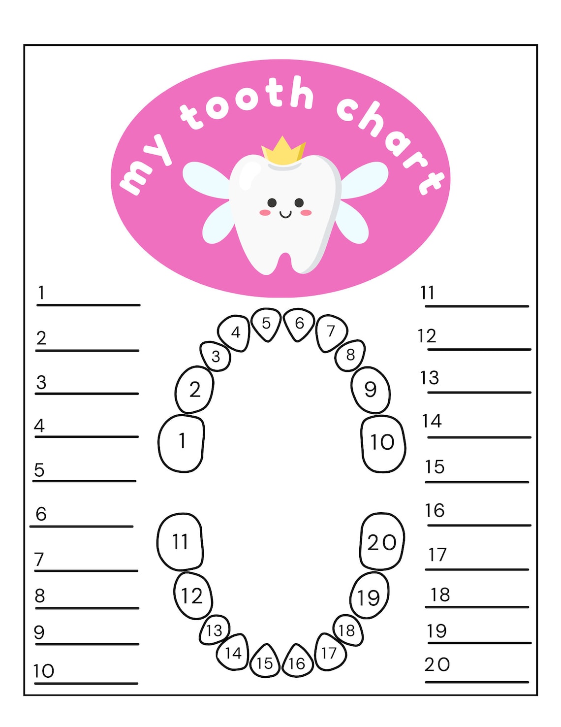 Tooth Chart for Children to Keep Track of Lost Teeth | Tooth Fairy ...