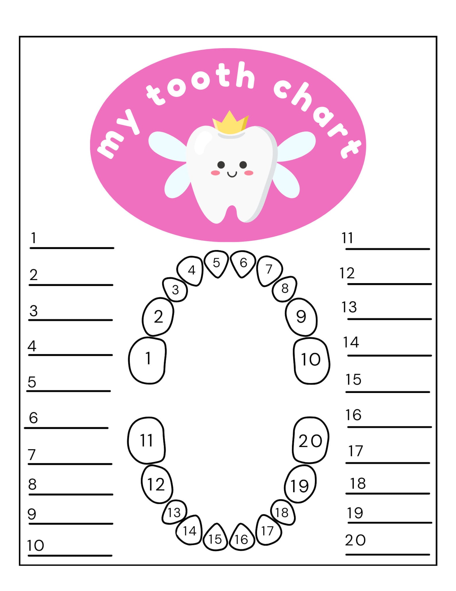 Tooth Chart for Children to Keep Track of Lost Teeth | Tooth Fairy ...