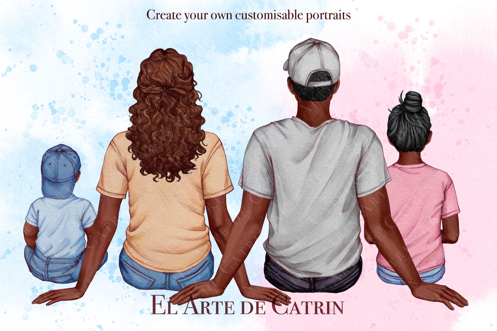 Watercolor Family Clipart with Landscapes, DIY Family Portrait, Sitting ...