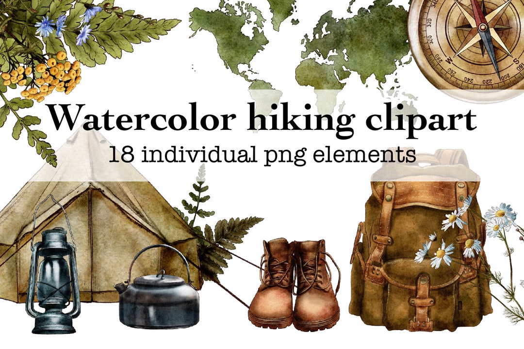 Watercolor Travel Clipart, Camping PNG, Hiking Clipart, Customizable ...