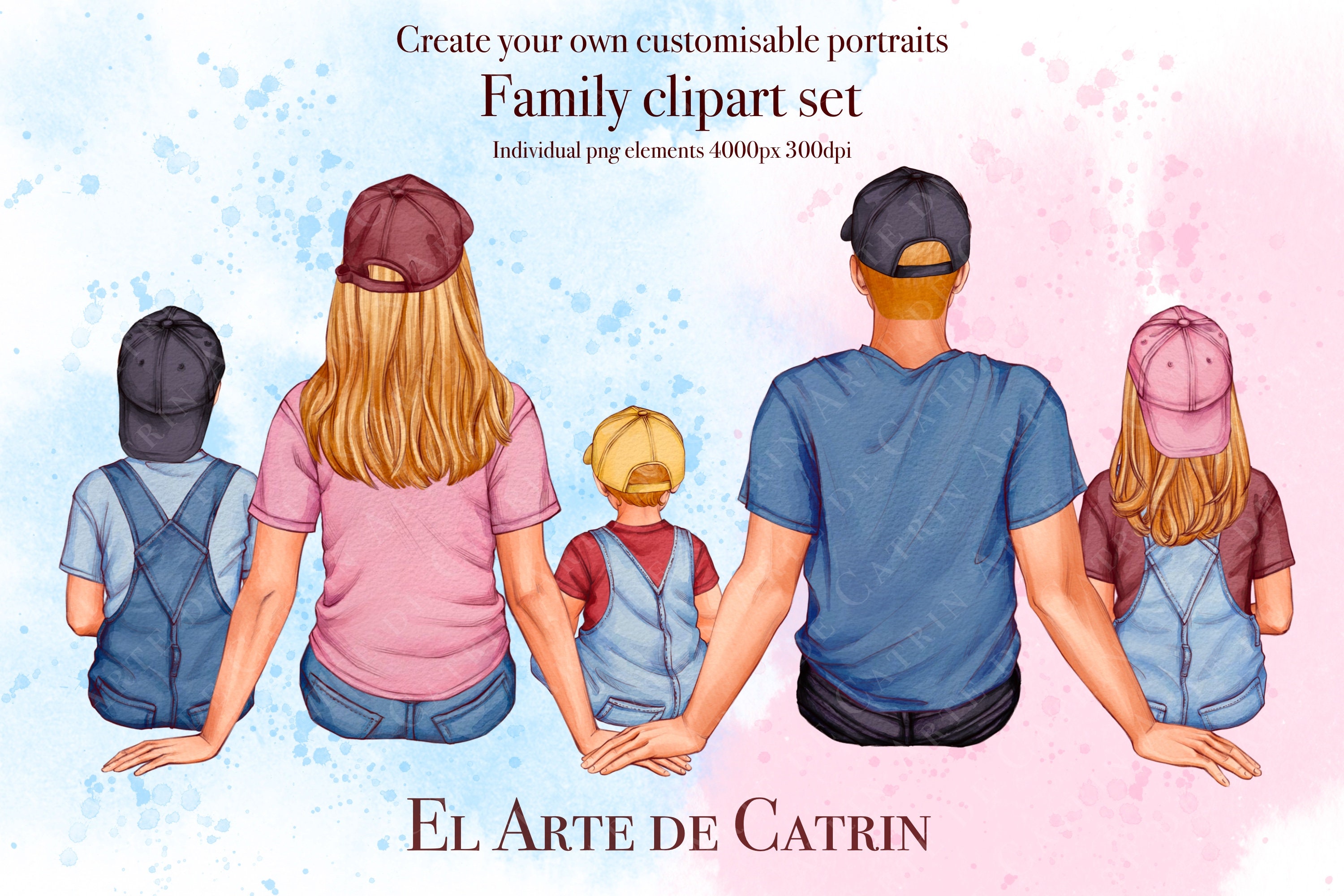 Watercolor Family Clipart with Landscapes, DIY Family Portrait, Sitting ...