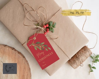 Printable Merry Christmas Gift Tag, Holly Berry Tag, Happy Holiday DIY ...
