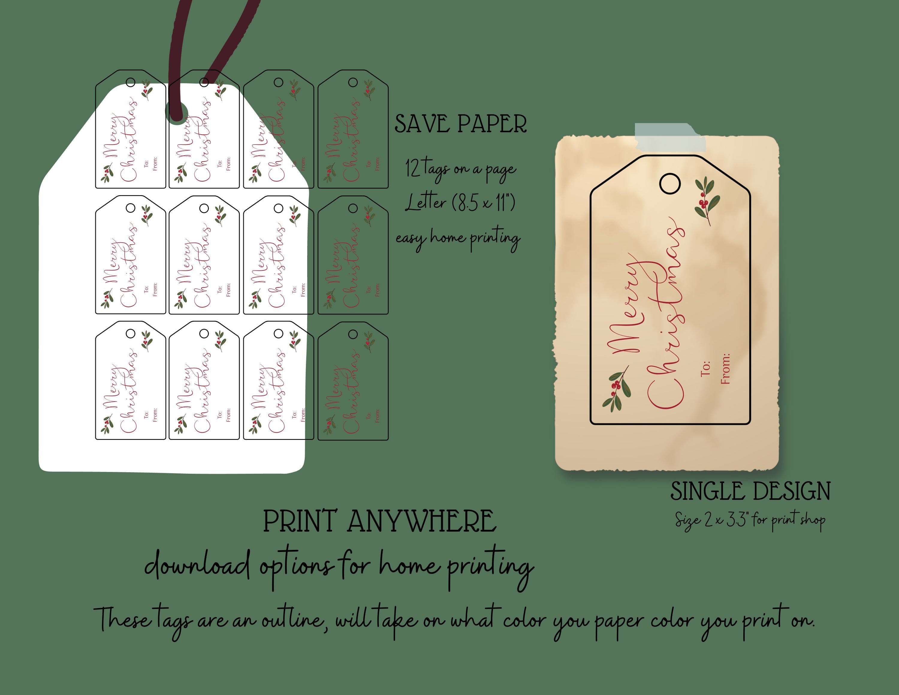 Printable Merry Christmas Gift Tag, Holly Berry Tag, Happy Holiday DIY ...