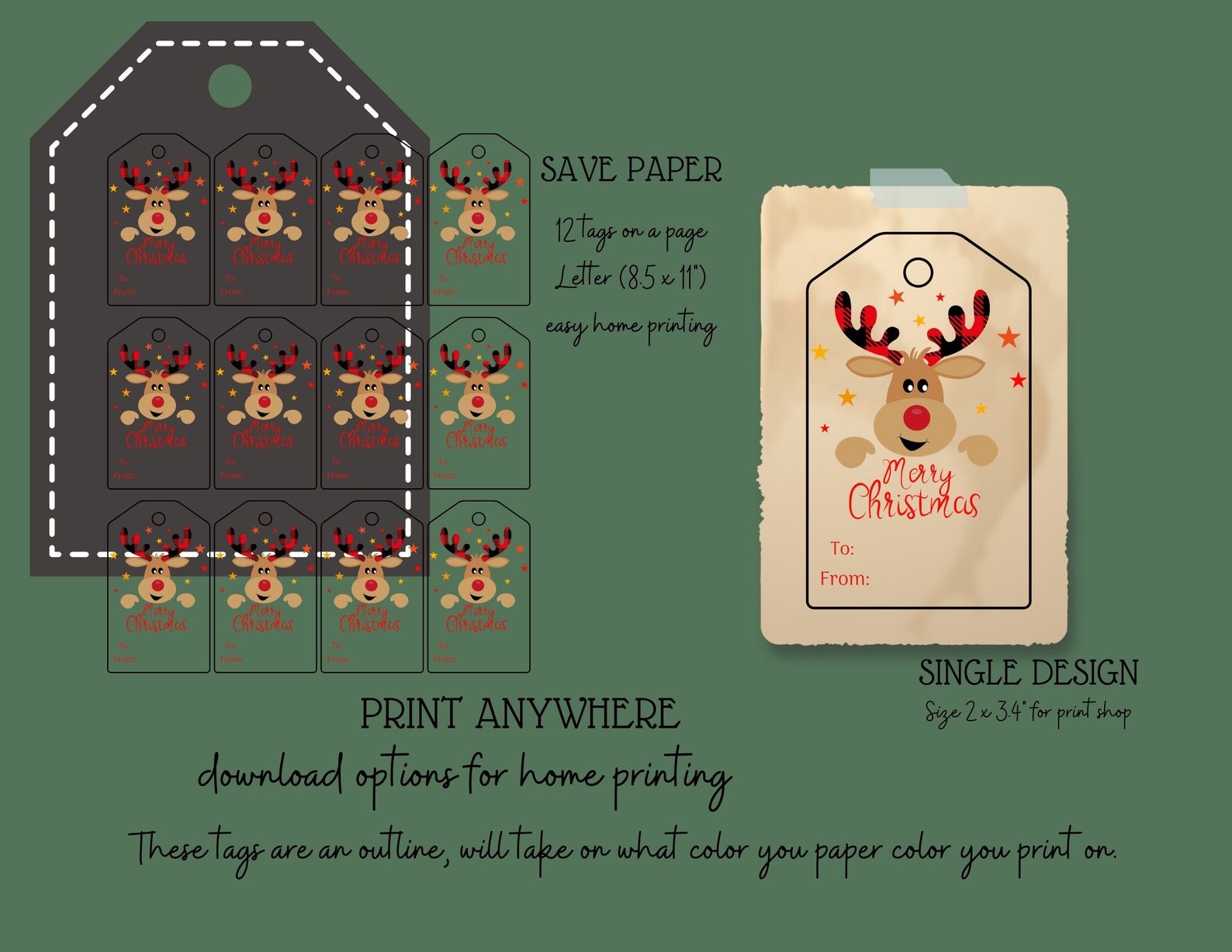 Printable Merry Christmas Gift Tag, Reindeer Tag, Happy Holiday DIY ...