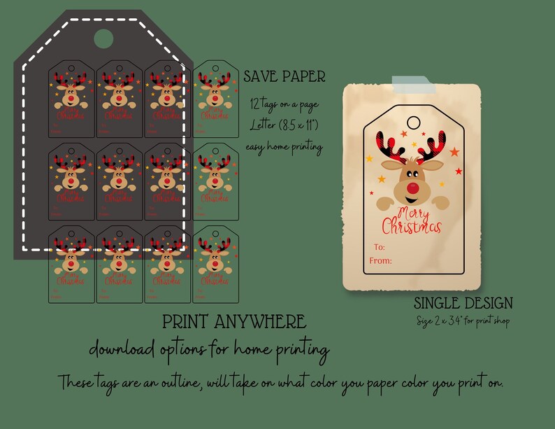 Printable Merry Christmas Gift Tag, Reindeer Tag, Happy Holiday DIY ...