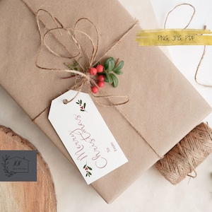 Printable Merry Christmas Gift Tag, Holly Berry Tag, Happy Holiday DIY ...