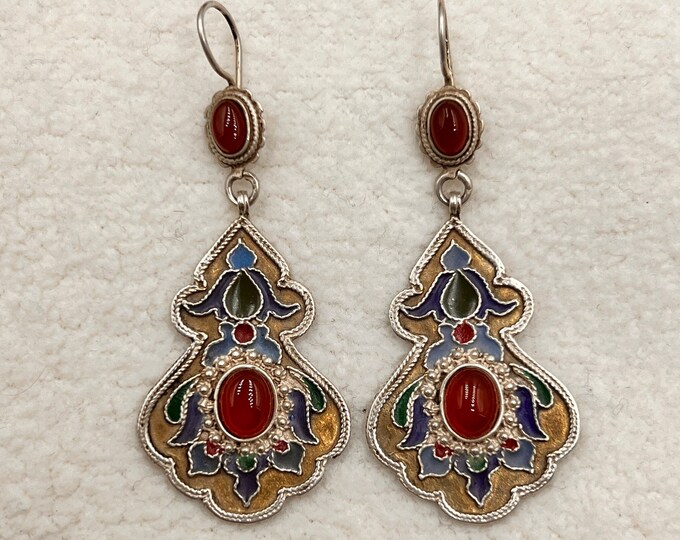 Statement Silver Gold Plated Cloisonne Turkmen Earring,carnelian Stone ...