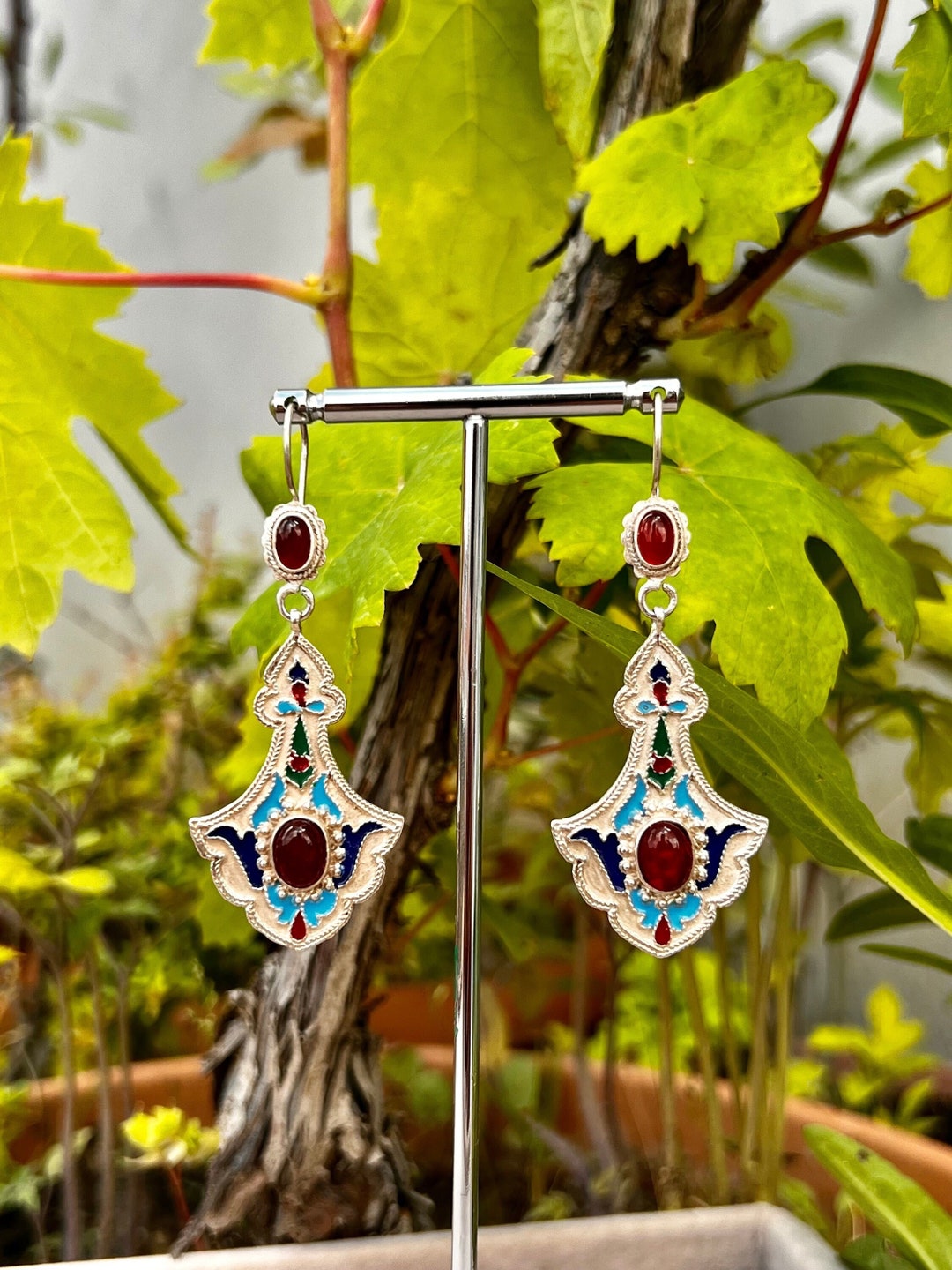 Statement Silver Turkmen Cloisonne Earring,dangle Vintage Style Tribal ...