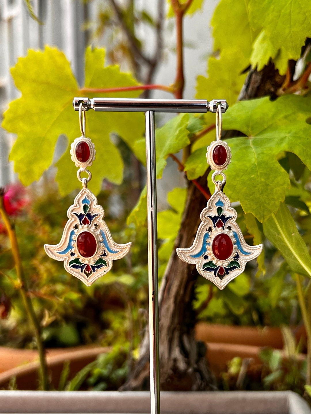 Cloisonne Enamel Silver Turkmen Earring,carnelian Silver Kuchi Earring ...
