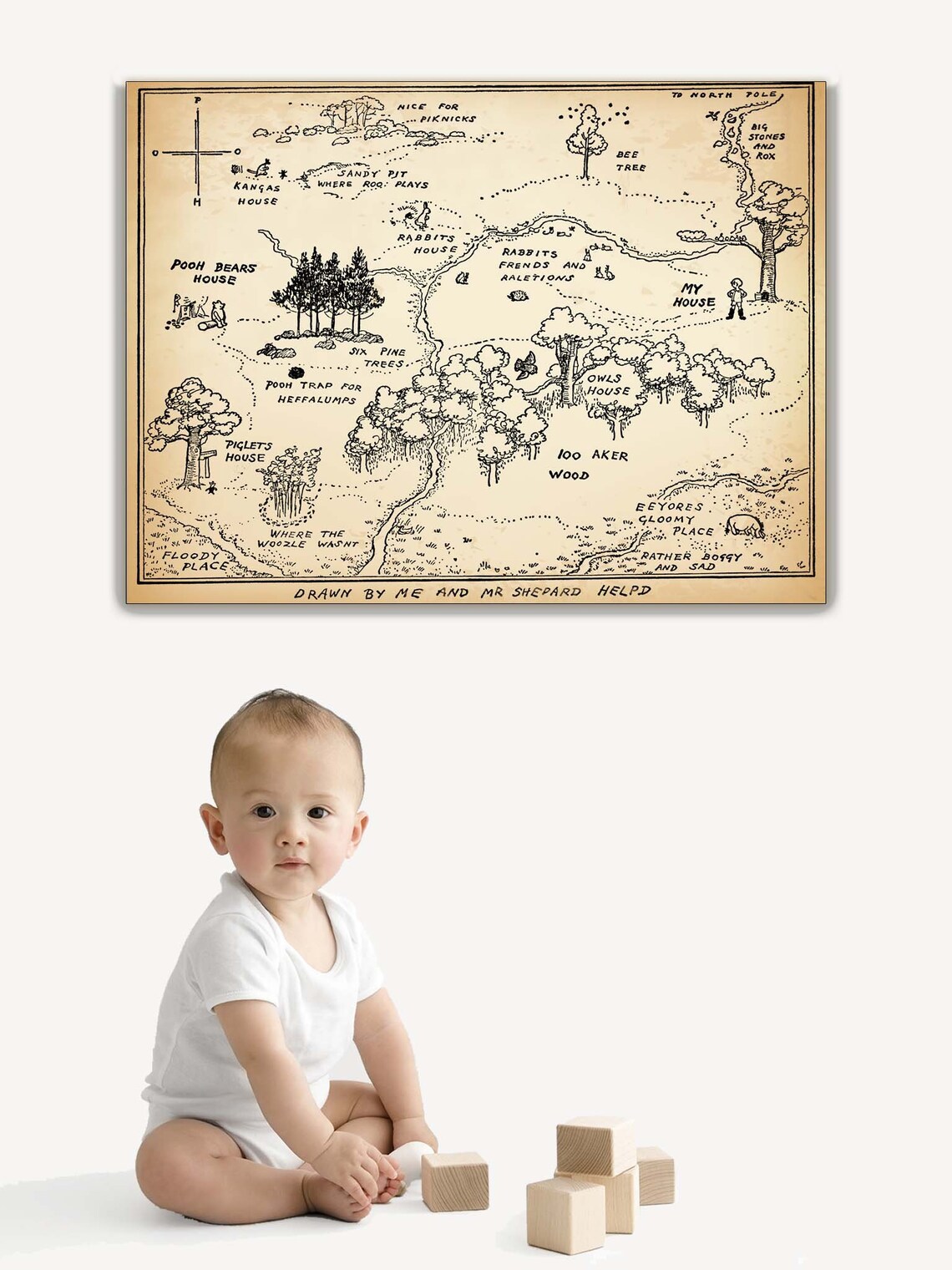 Winnie the Pooh Map Canvas Wall Art, 100 Acre Wood Map, Classic Pooh ...