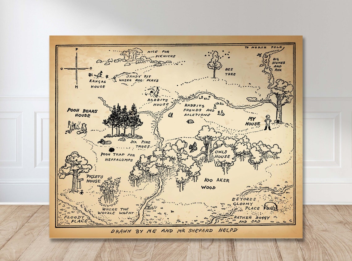 Winnie the Pooh Map Canvas Wall Art, 100 Acre Wood Map, Classic Pooh ...