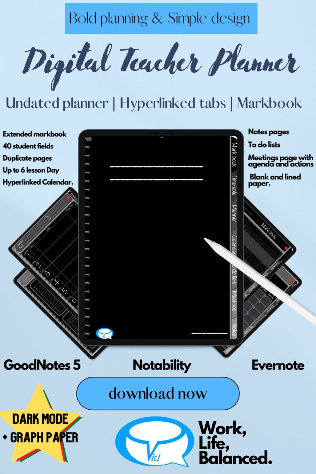 Dark Mode Undated Digital Teacher Planner Portrait | for Goodnotes ...