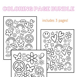 Cute Coloring Page Bundle - Hearts Coloring - Flowers Coloring - 3 ...