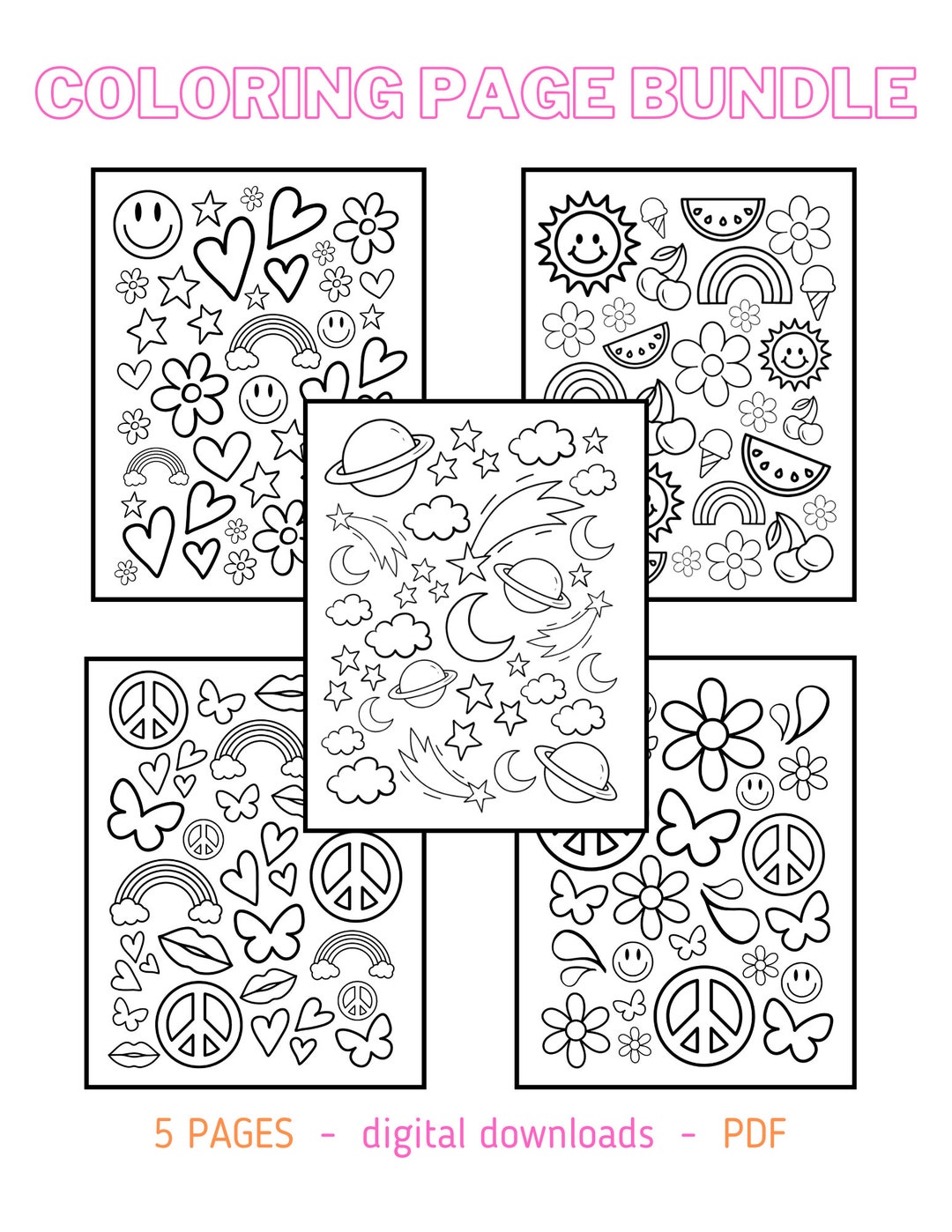 Fun Coloring Page Bundle - Summer Coloring - Space Coloring - Rainbows ...