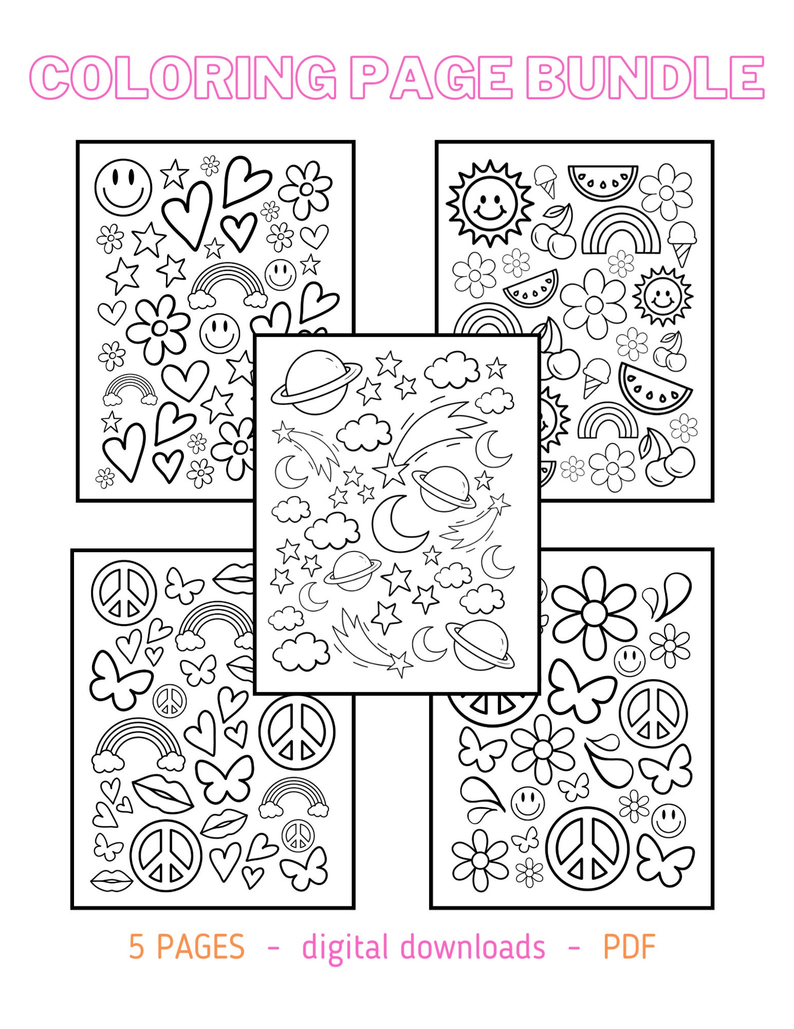 Fun Coloring Page Bundle - Summer Coloring - Space Coloring - Rainbows ...