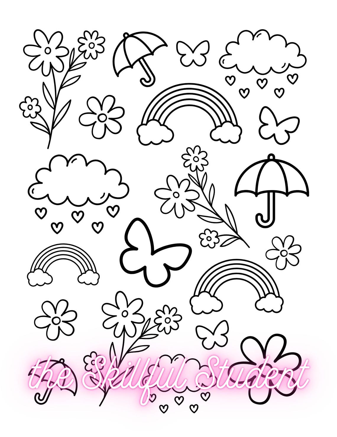 Spring Coloring Page - Rain Clouds Coloring Page - Rainbows and Flowers ...